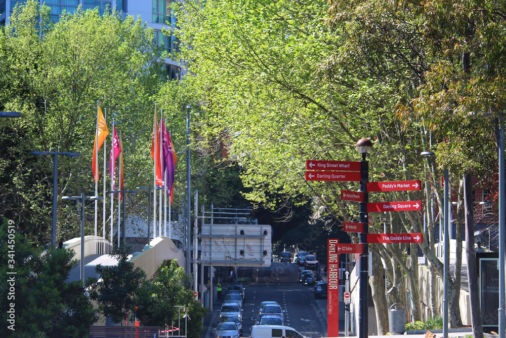 Darling Harbour, Sydney city streetscape showing a foot bridge, flags ...