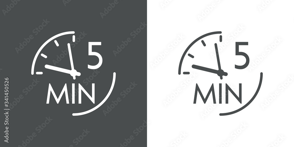 Icono plano lineal reloj con texto 5 min en fondo gris y fondo blanco ...