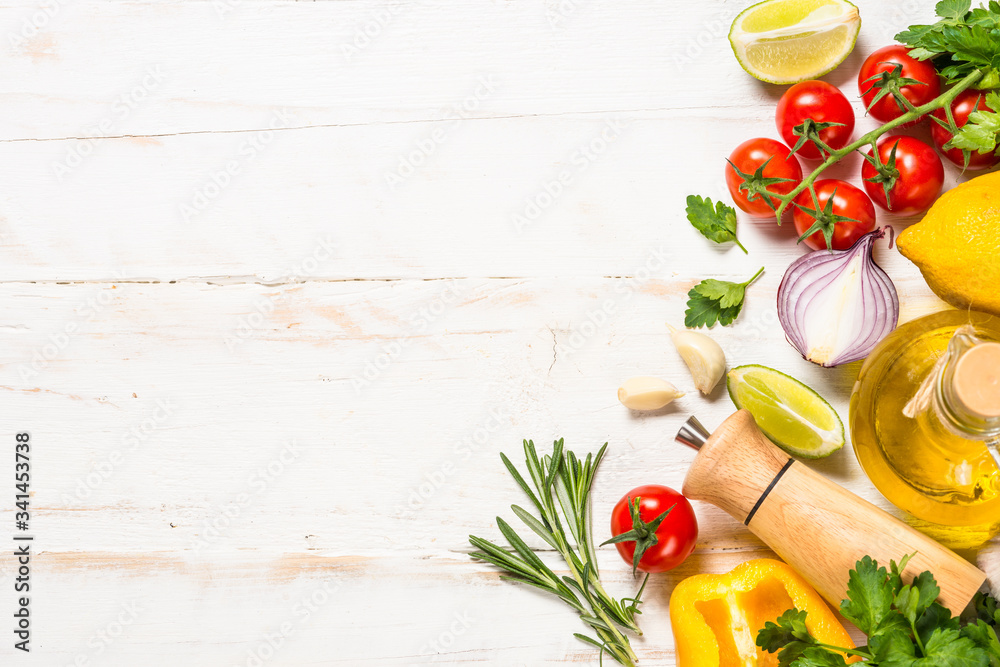 Food cooking background on white wooden table. Stock Photo | Adobe Stock