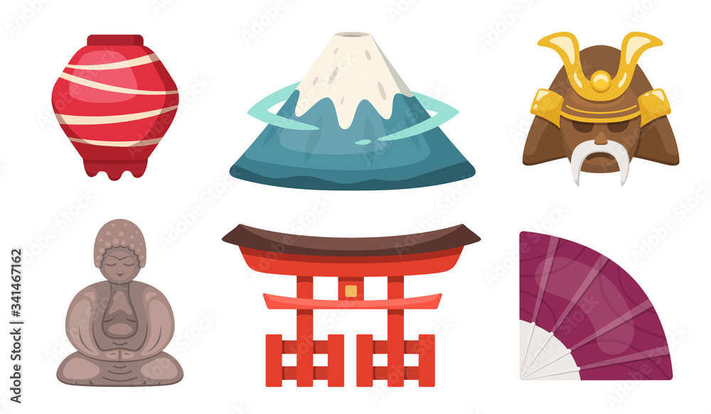 Japan traditional object vector icons in cartoon style. Japanese theme ...