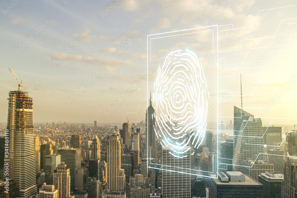 Double exposure of virtual creative fingerprint hologram on New York ...