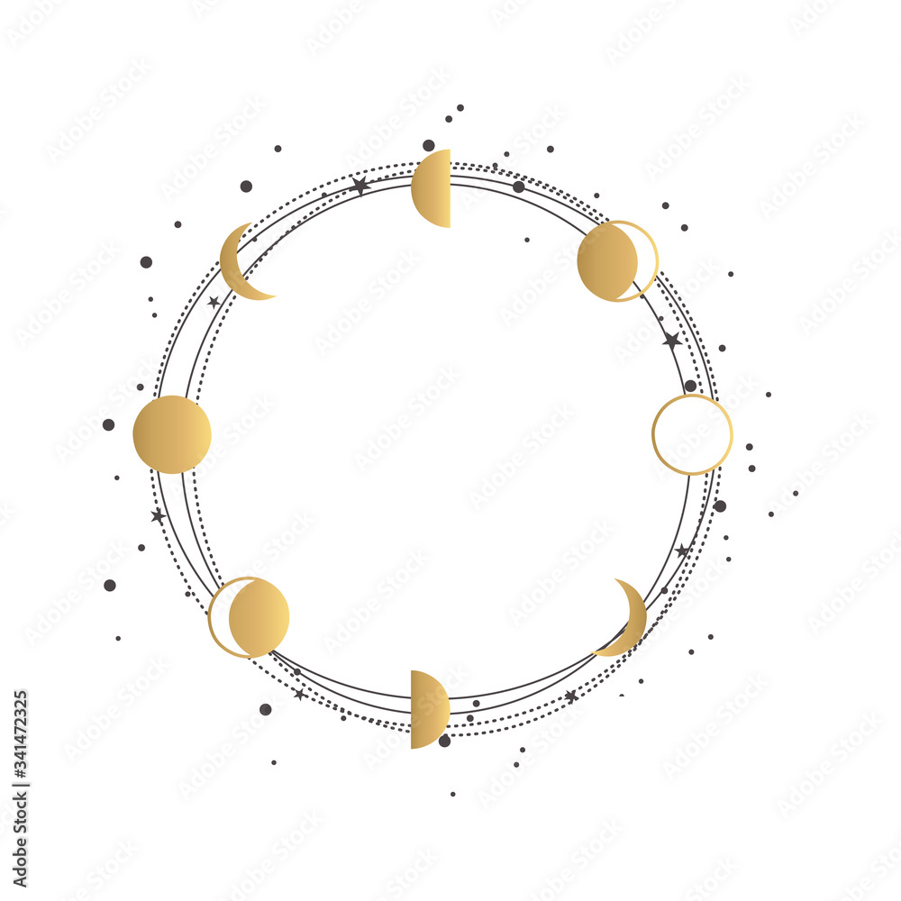 Hand Drawn Gold Logo Frame with moon phases and stars. Abstract Golden ...