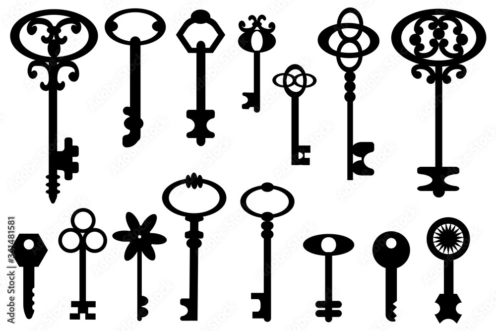 Keys of different types, different sizes with patterns, vintage type ...