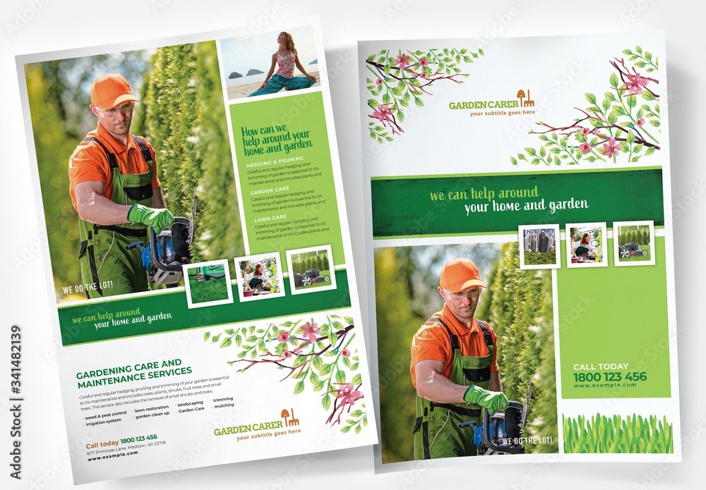 Garden Service Poster Layout with Leaf Illustrations Stock Template ...