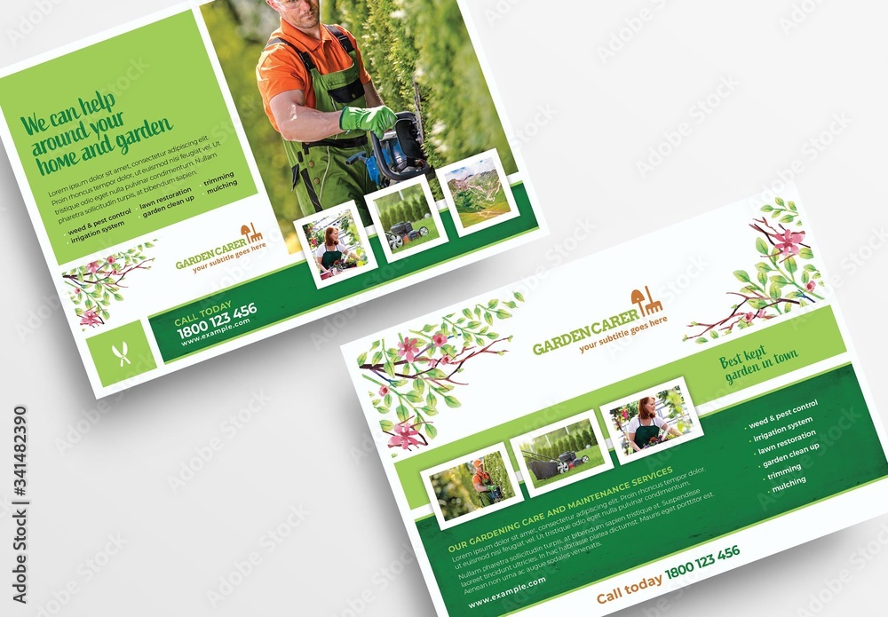 Gardening Flyer Layout with Watercolor Foliage Stock Template | Adobe Stock
