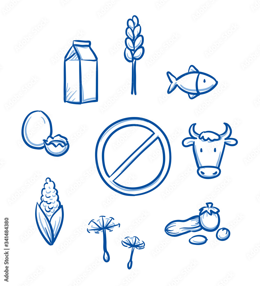 Set of different food allergy icons, for packaging. Hand drawn line art ...