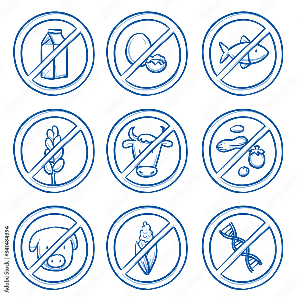 Set of different food allergy icons and gen free icon, for packaging ...