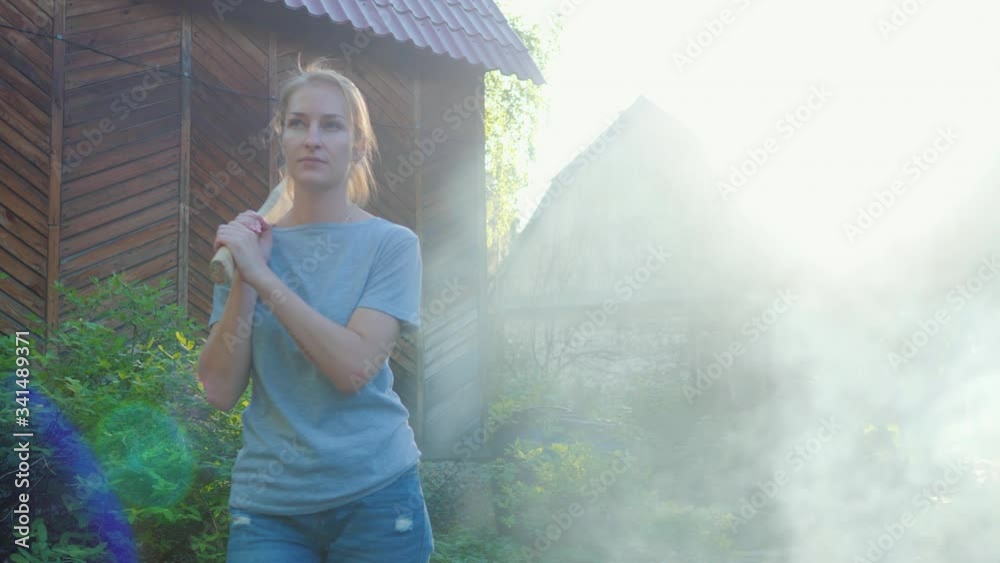 Beautiful girl or woman / lumberjack wearing shirt and jeans, coming to ...