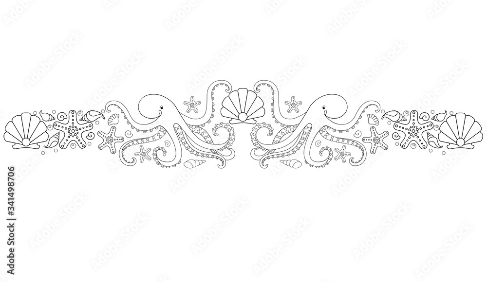 Marine vector linear divider with octopuses, starfish, shells and ...