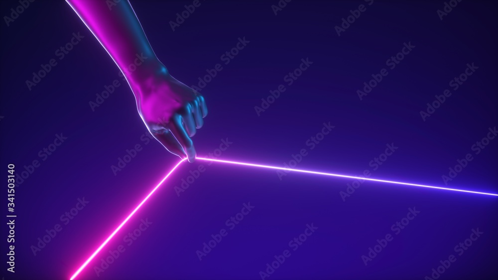 3d render, abstract minimal futuristic concept, artificial hand pulls ...