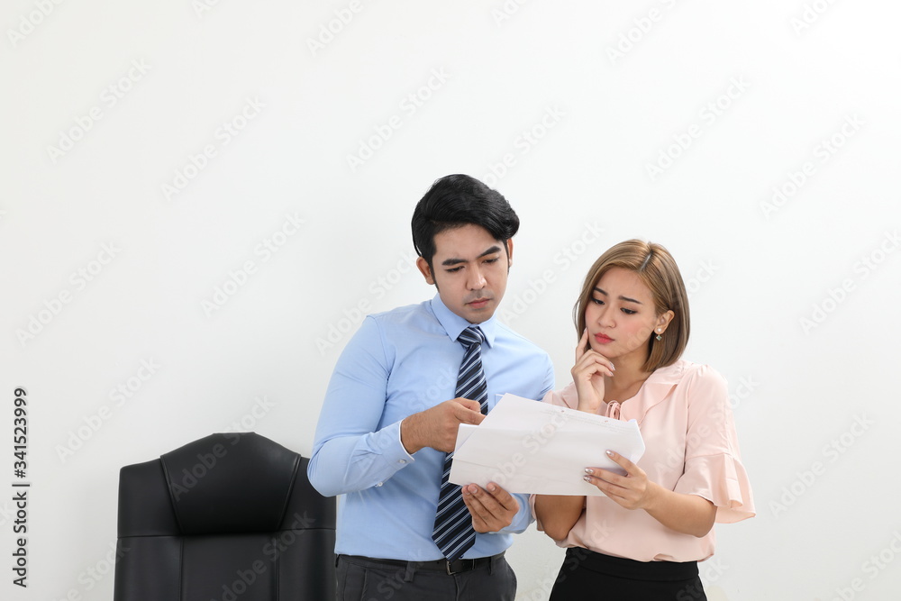 Asian young man woman malay chinese office business talk discuss think document Stock Photo ...