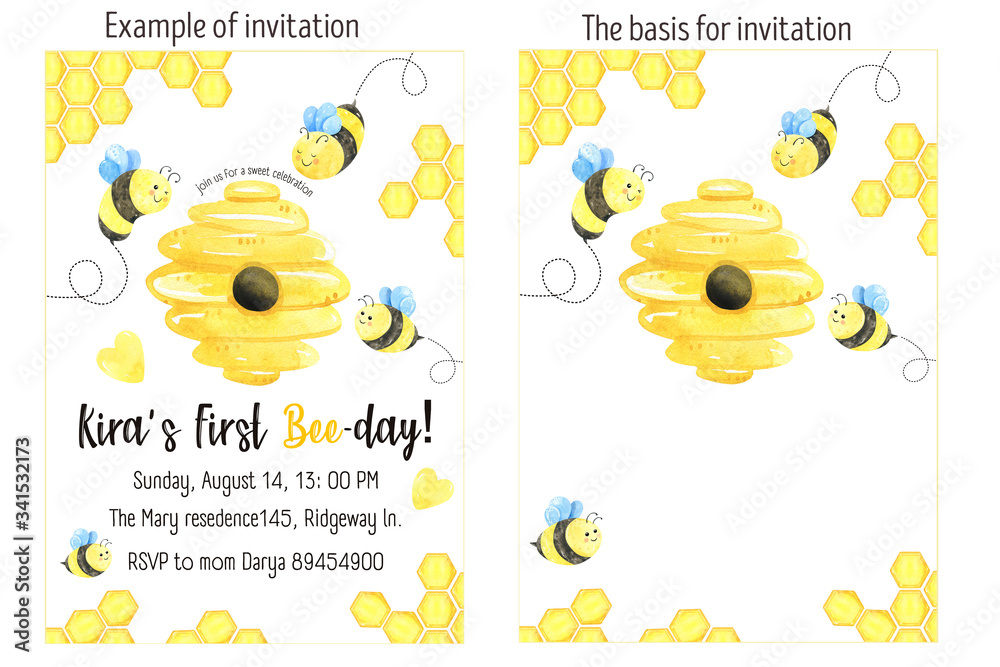 Watercolor cute bees invitation card, greeting card. Honey, summer ...