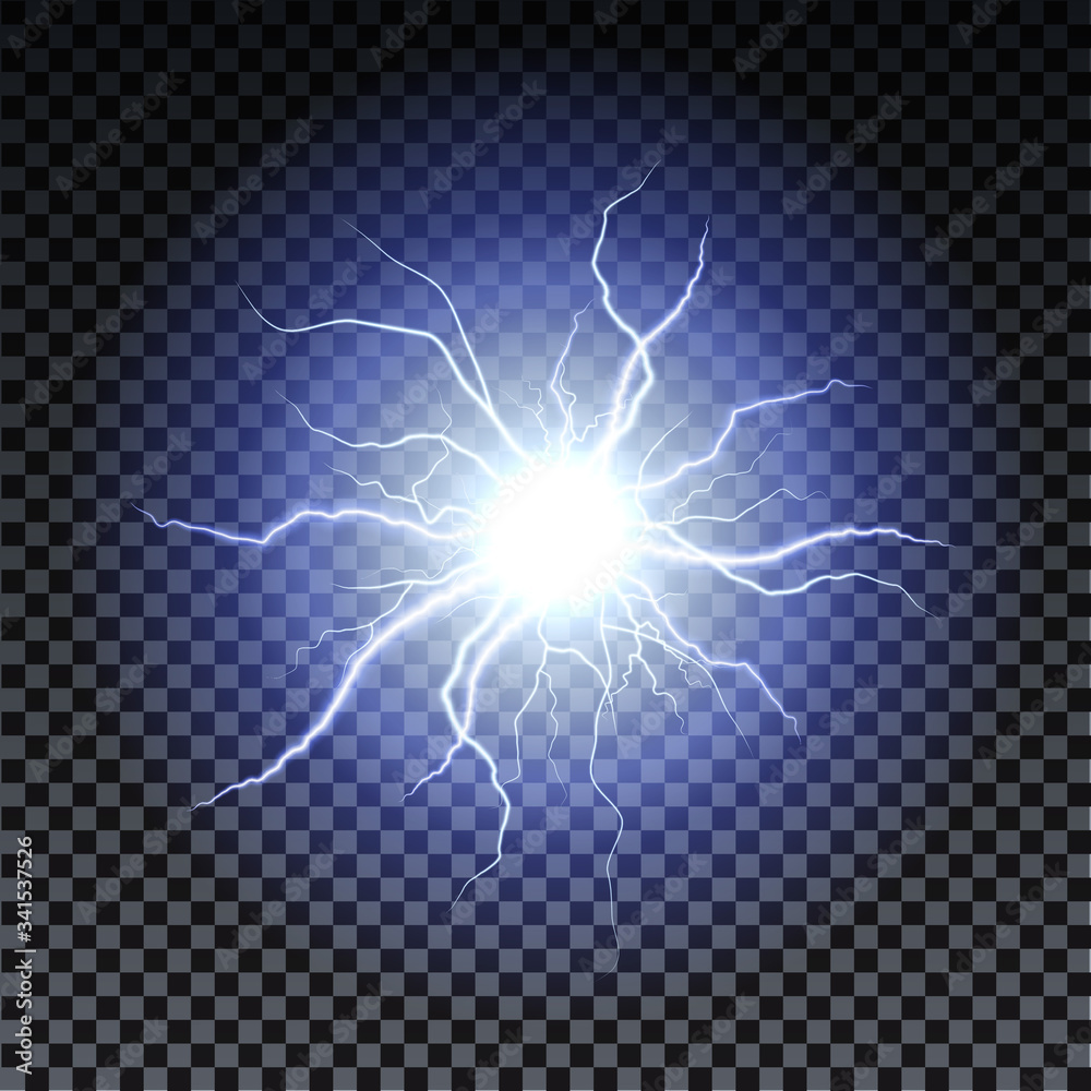 Lightning strikes and sparks, electrical energy on transparent ...