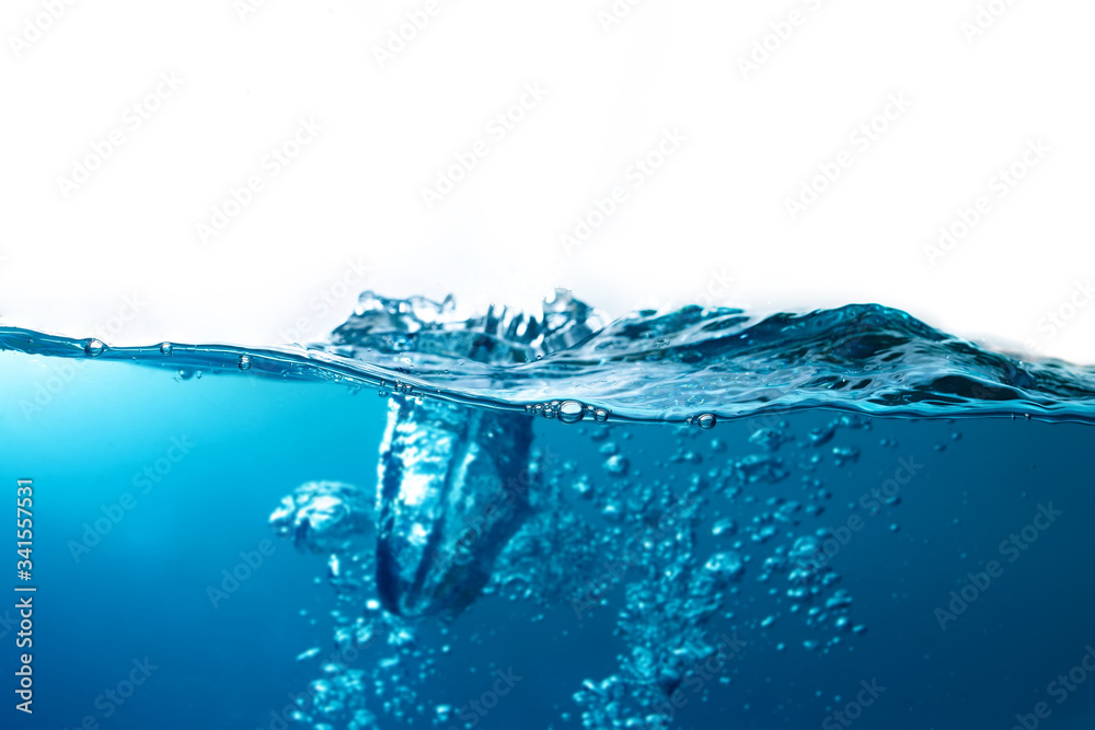 Dark blue water wave with splash and bubbles surface isolated on white ...