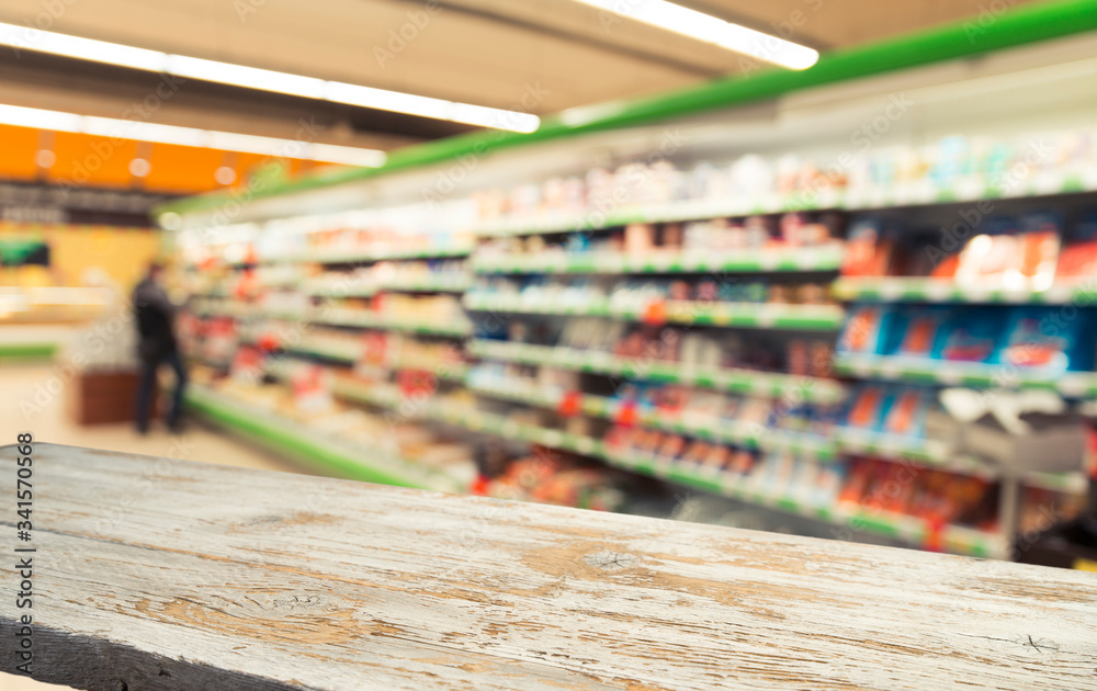 Supermarket background, Counter over blur grocery background, Wooden ...