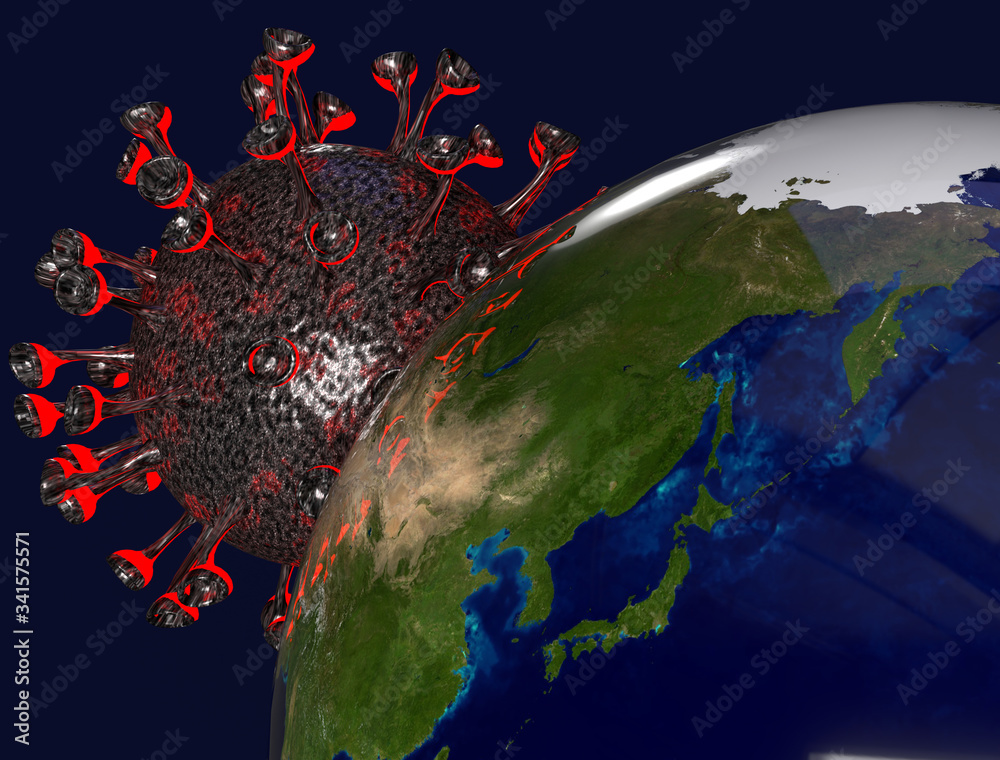 3d scene of a detailed coronavirus covid19 model rising behind planet ...
