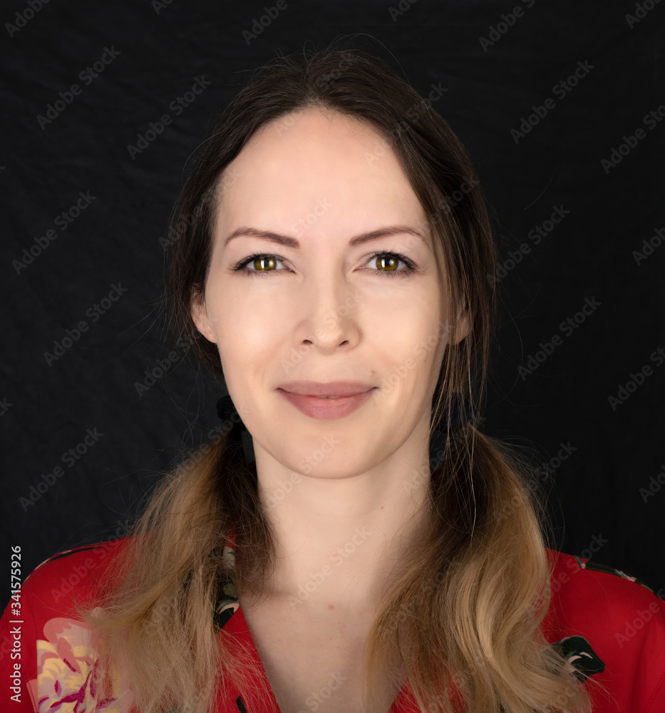 Emotion. Closed woman face with facial expressions over black ...