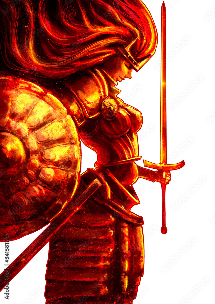 Red and gold Queen Valkyrie with a huge round shield and an elegant ...