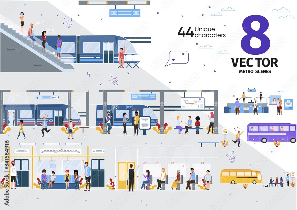 City Public Transport, Subway Passengers Transportation Trendy Flat ...