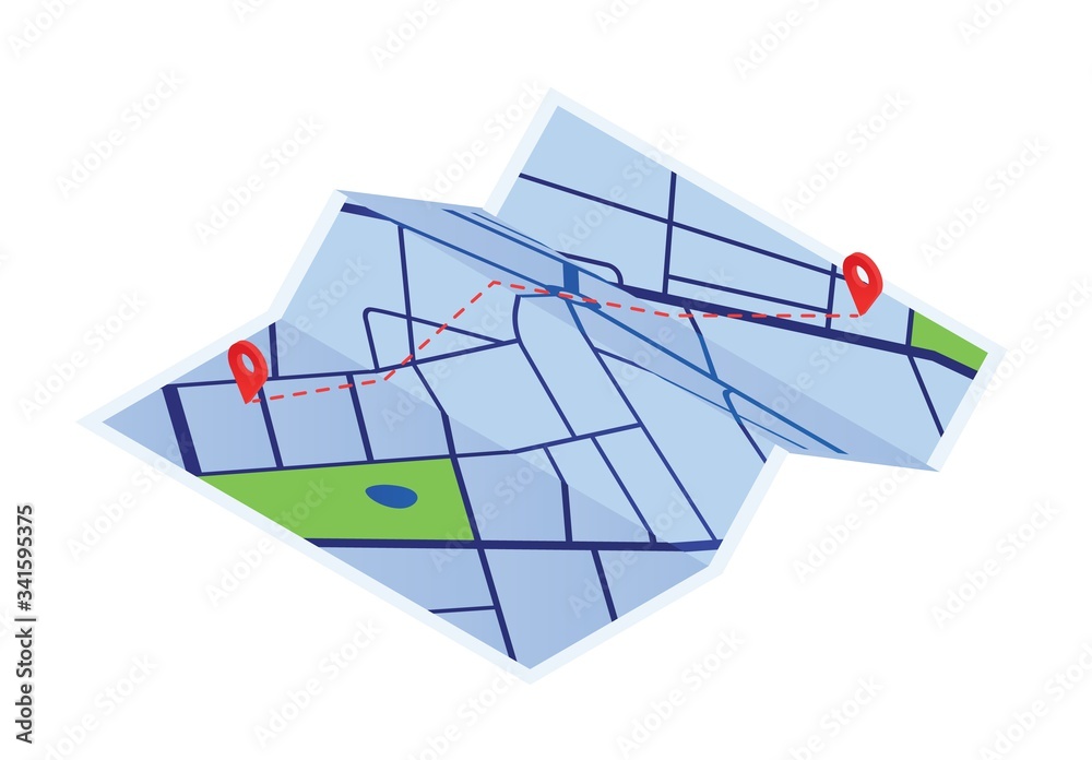 Cartoon paper map with red points vector graphic illustration. Colorful ...