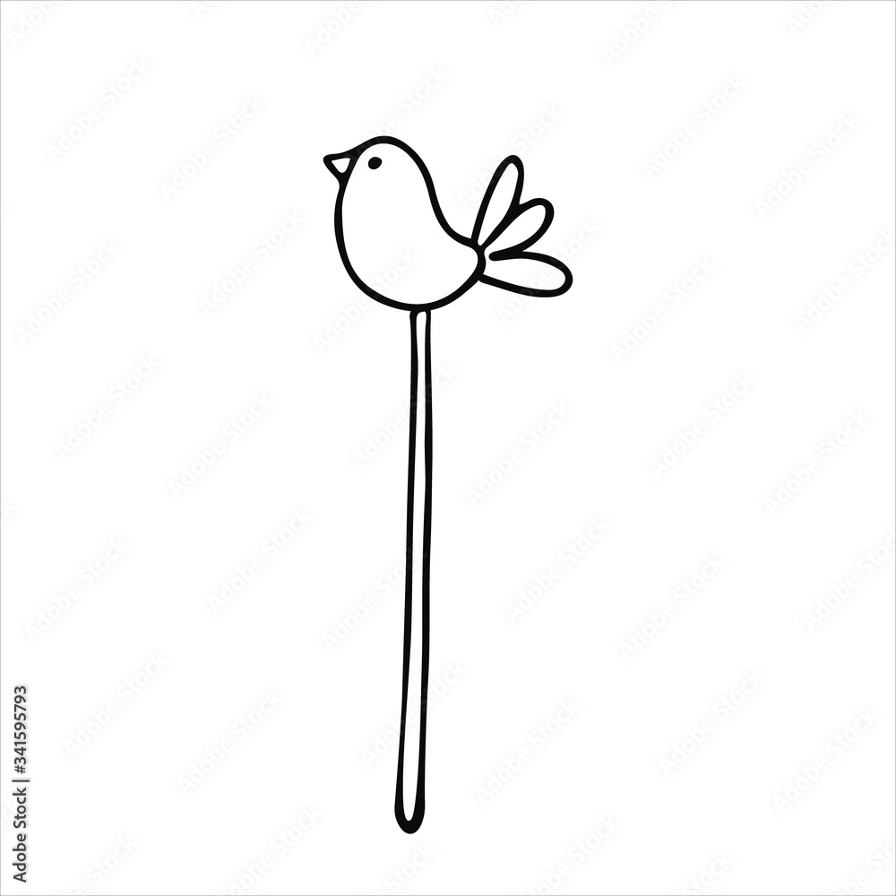 Decorative figure of a sitting bird on a stick in doodle style. Hand ...