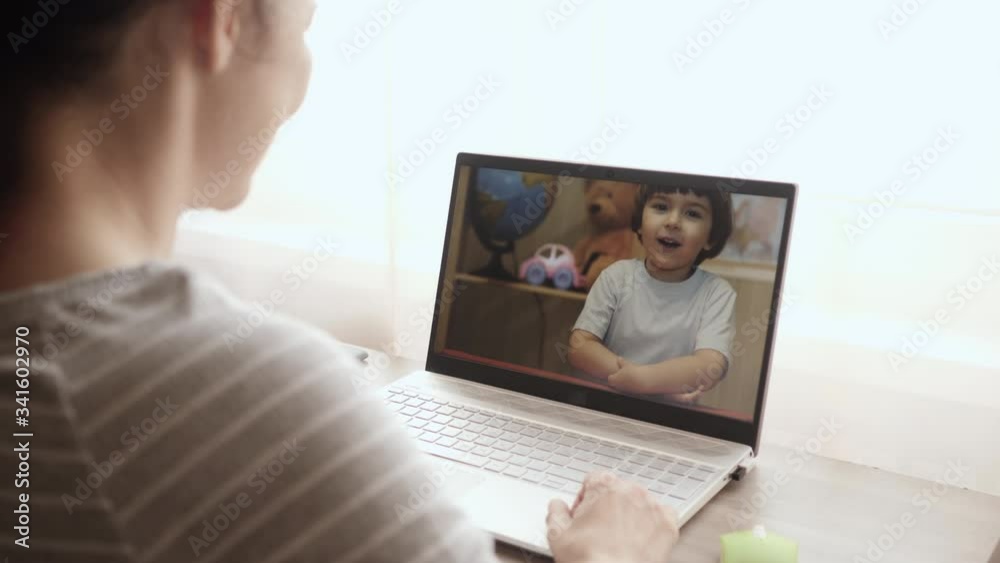 Video Call. Distance Education. Little Child Video Call Via Laptop ...
