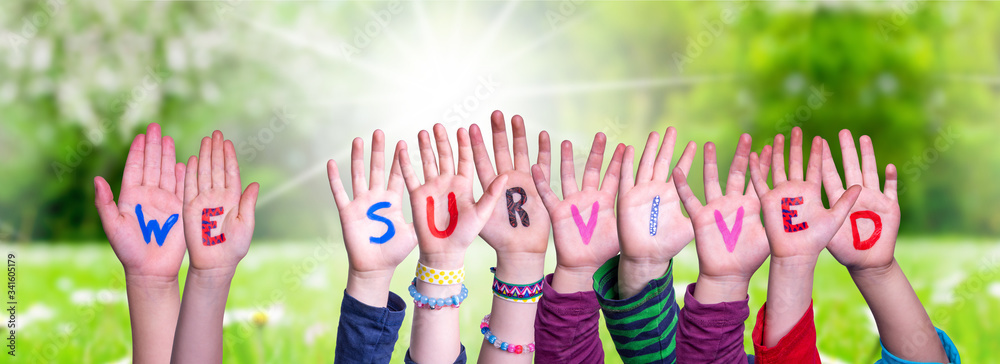 Children Hands Building Colorful English Word We Survived. Sunny Green ...