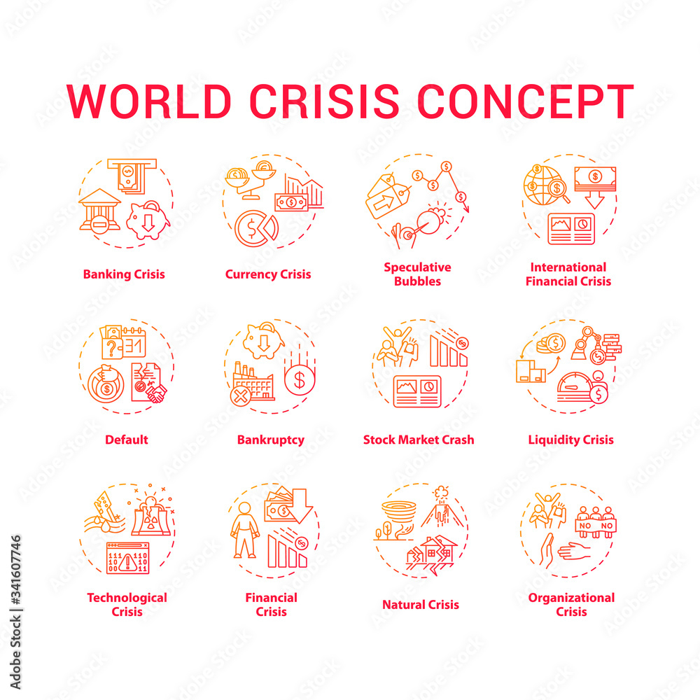 World crisis concept icons set. International disaster situation ...