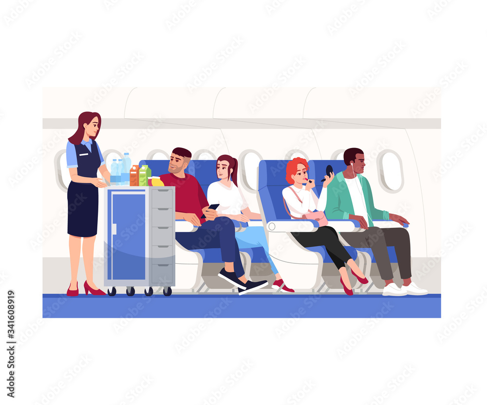Inside aeroplane semi flat vector illustration. Stewardes offer drinks ...