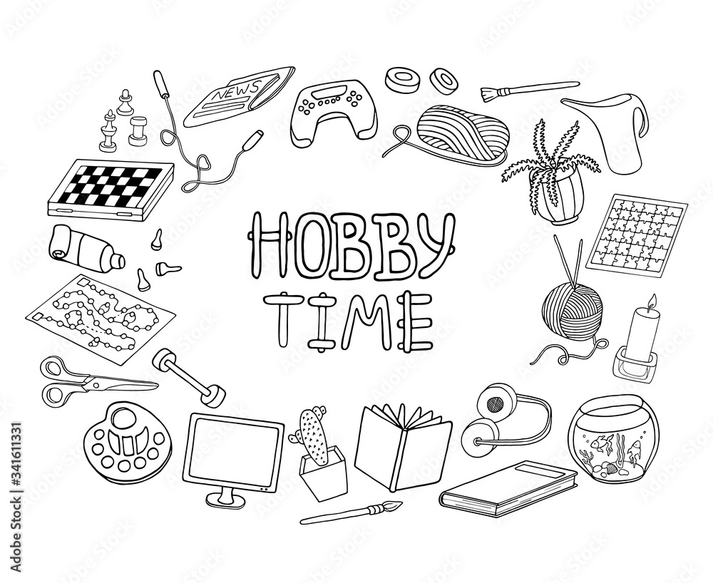 Outline doodle hobbies set. Stay home concept frame. Top table and ...