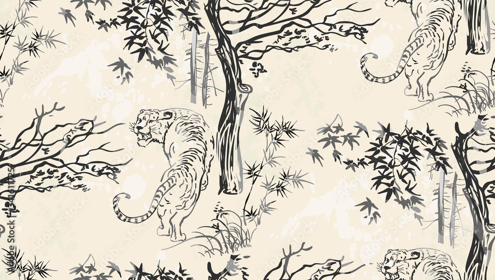 tiger vector japanese chinese nature ink illustration engraved sketch ...
