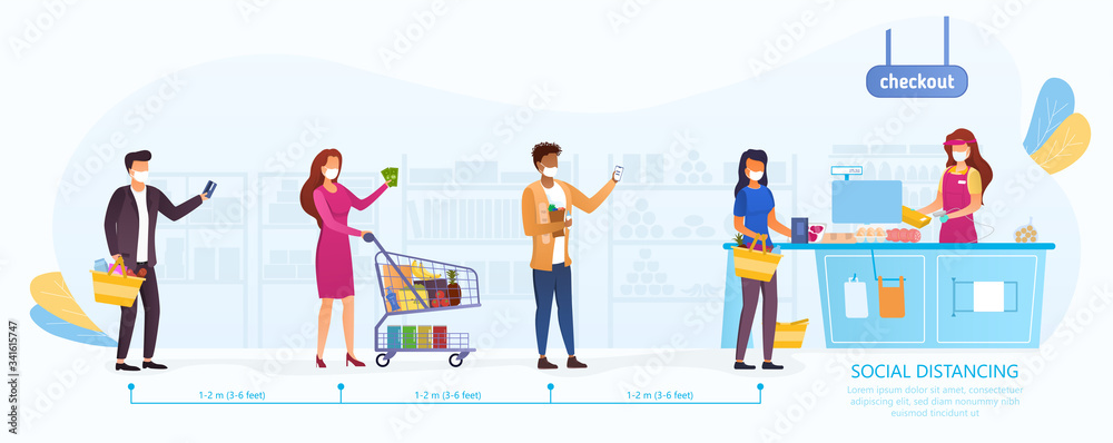 Social distancing during the Covid-19 pandemic with a line of shoppers ...