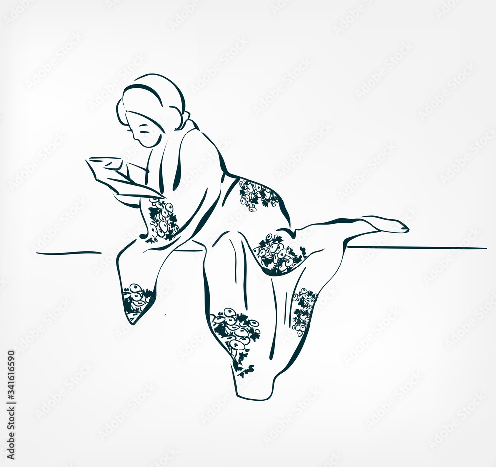 japanese girl traditional dress kimono sketch line vector illustration ...