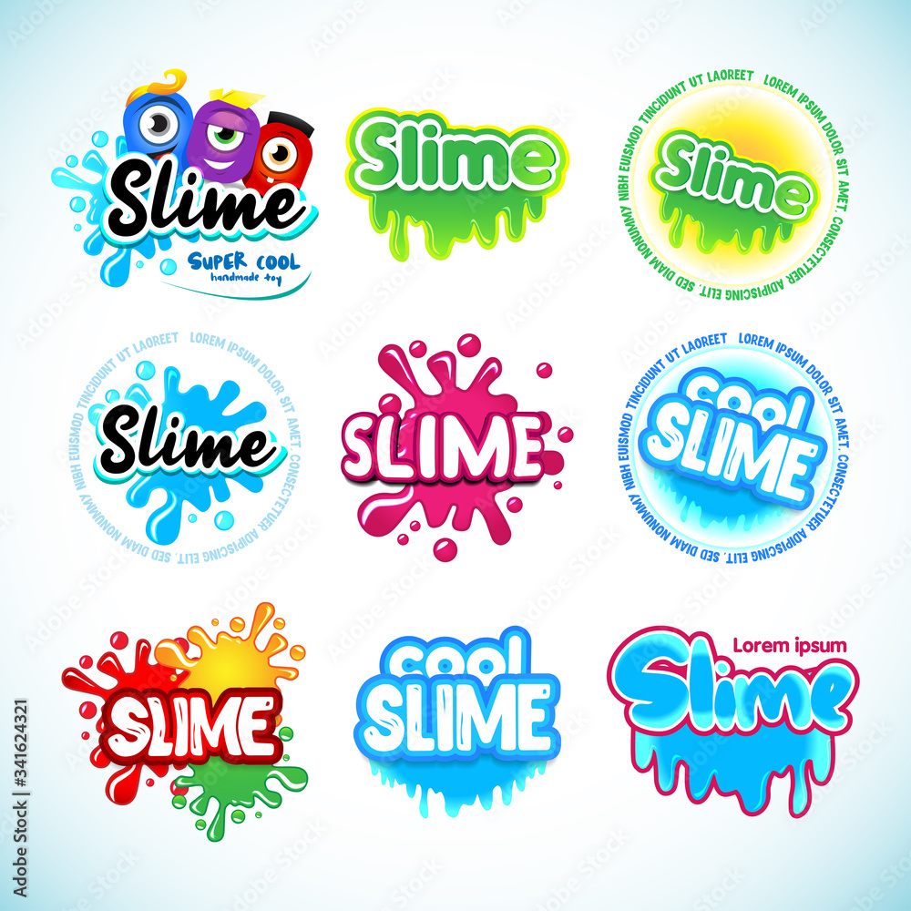 Slime logotype templates set. Cartoon monster characters. Liquid green ...