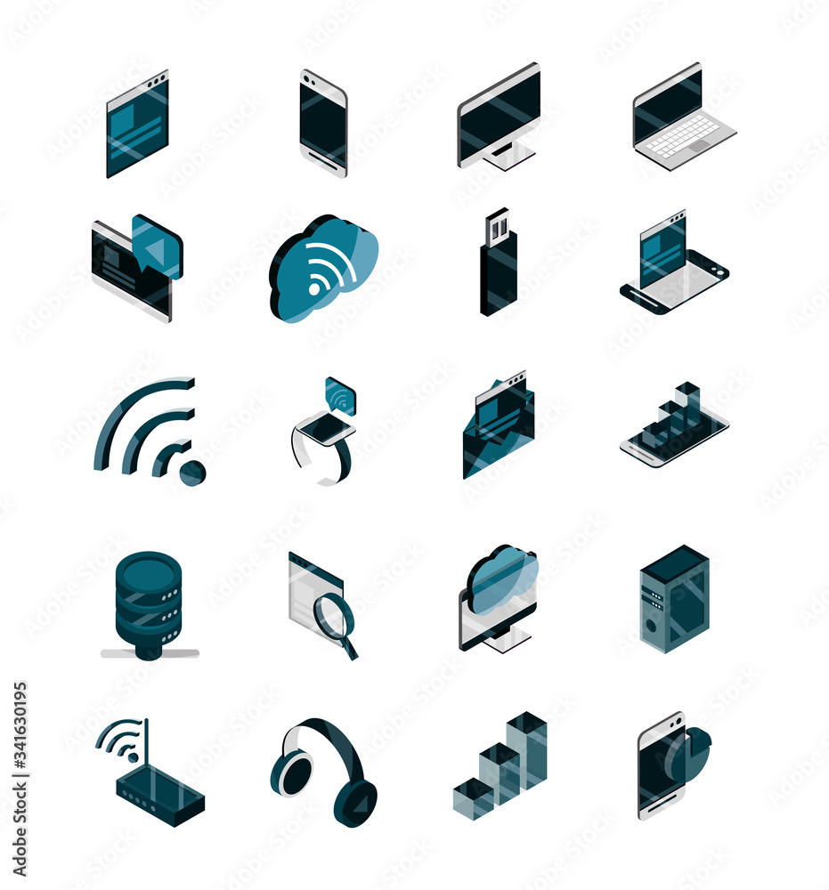 technology device gadget digital isometric isolated icons set Stock ...