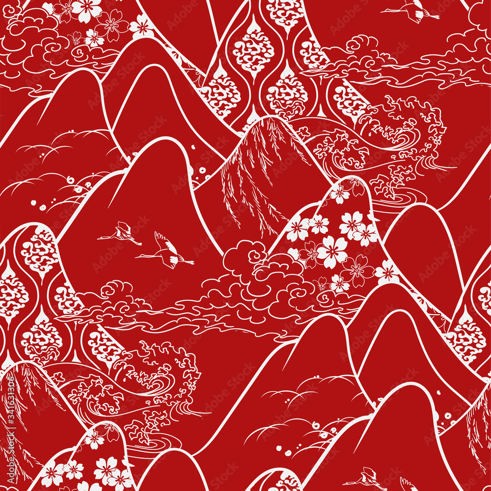 mountains traditional geometric kimono pattern vector sketch ...