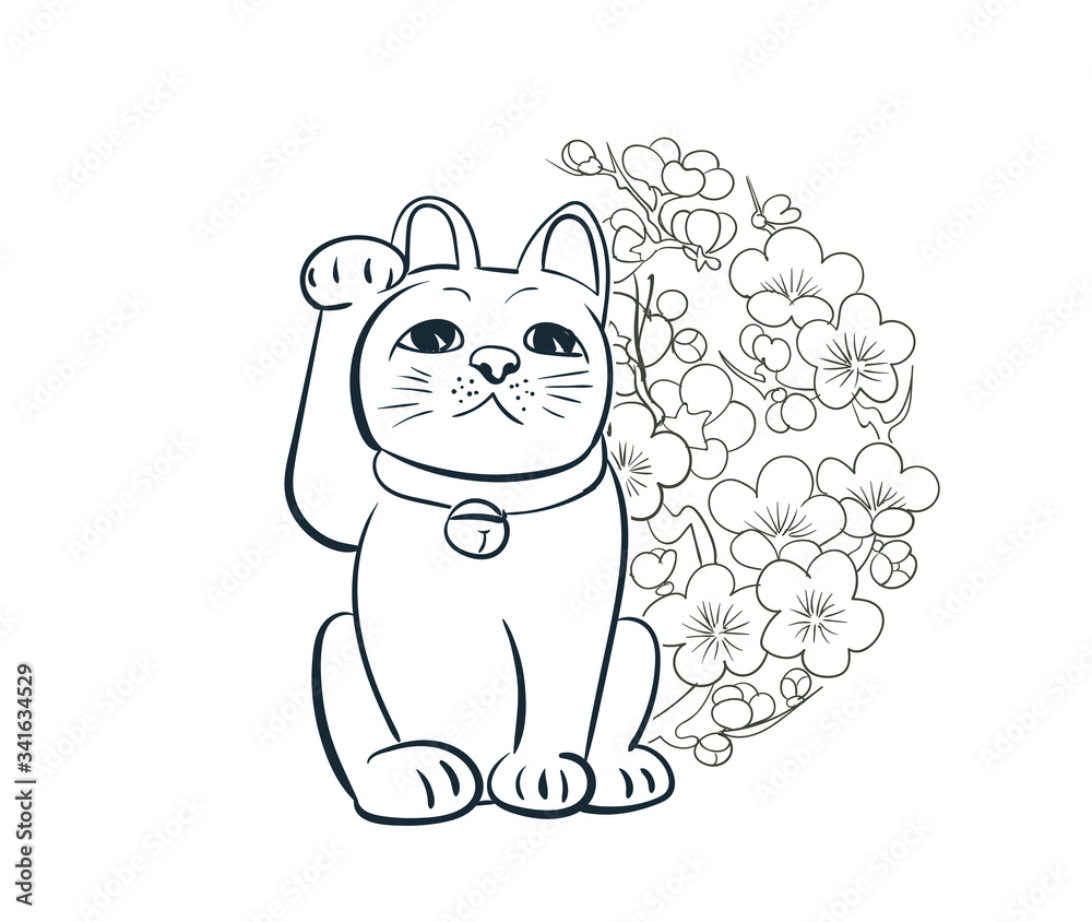 neko cat card sakura sketch vector japanese chinese design isolated ...