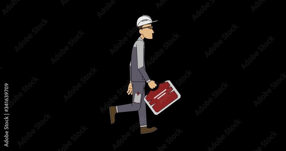 Worker with a toolbox walk cycle. Loop animation with included alpha ...