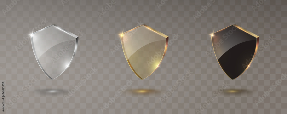 Shield icon set isolated on transparent background. White, gold, black ...