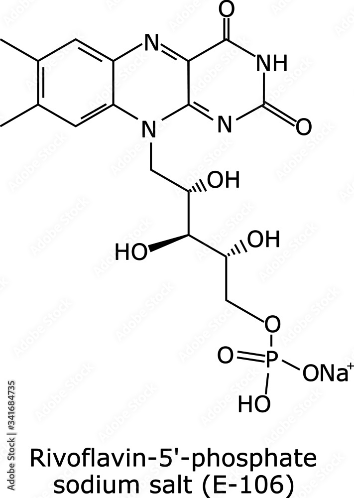 Flavin mononucleotide (E-106) food dye molecular structure over white ...
