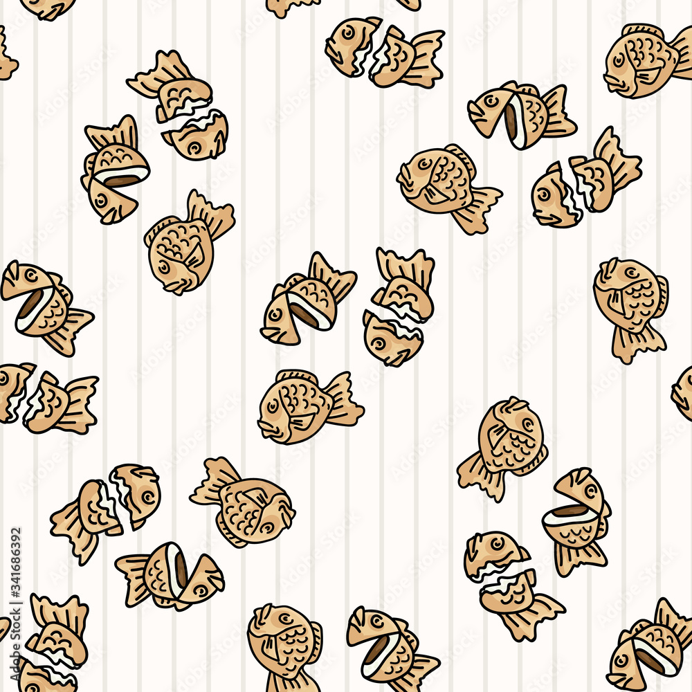 Kawaii scattered taiyaki Japanese snack cartoon seamless vector pattern ...