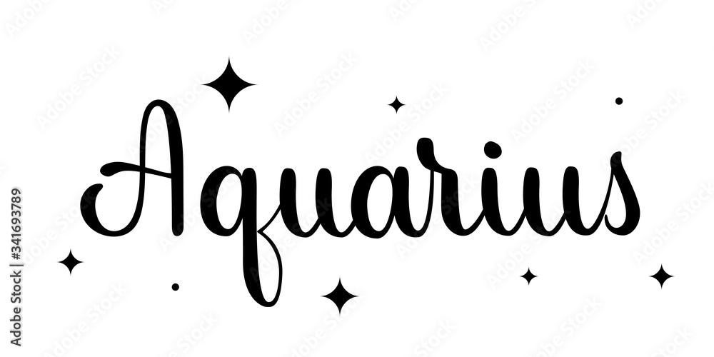 Aquarius. Handwritten name of sign of zodiac. Modern brush calligraphy ...
