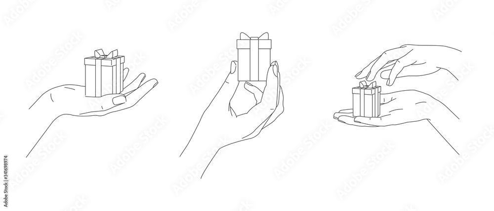 Illustration of line drawing of a hand holding a small gift box in ...