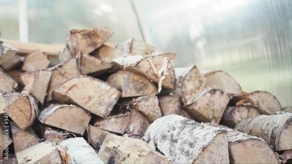 The chopped and sawn trunks of trees is stacked in a large log woodpile ...