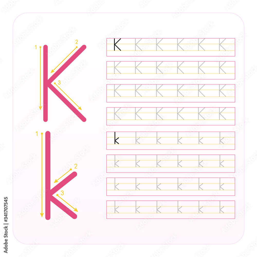 Writing practice letter K printable, kindergarten kids to improve basic ...
