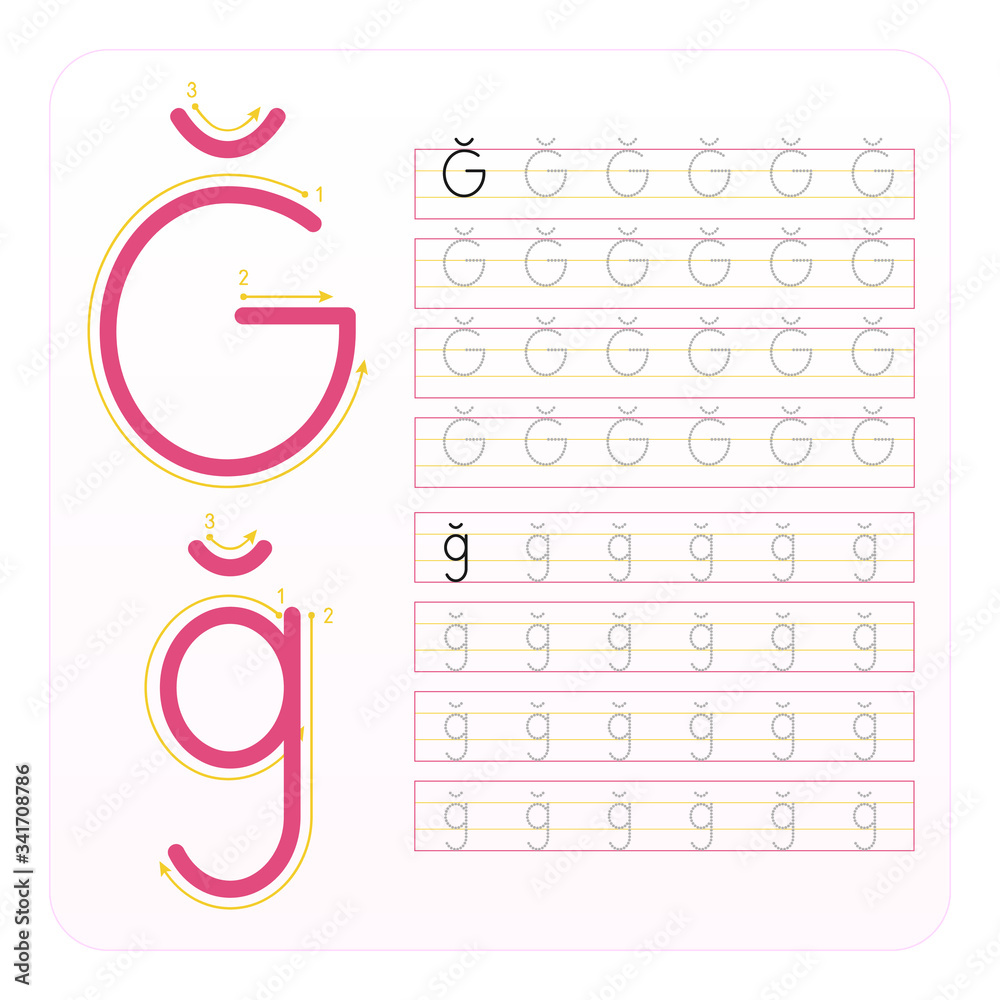 Writing practice letter Ğ Turkish character, kindergarten kids to ...