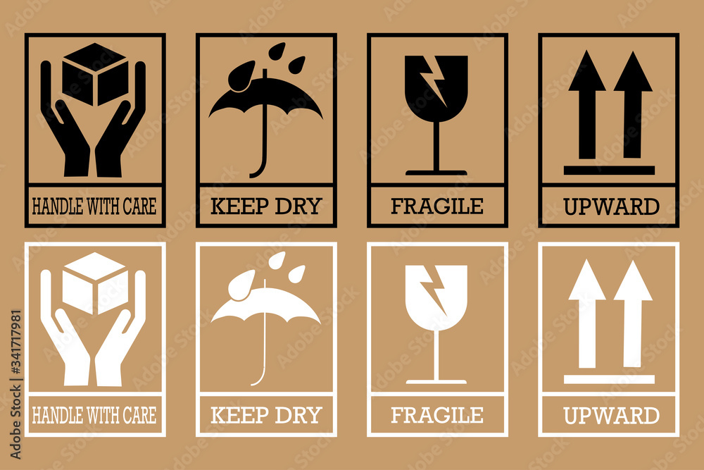 Fragile box, cargo warning vector signs. Set of fragile package icons, handle with care ...