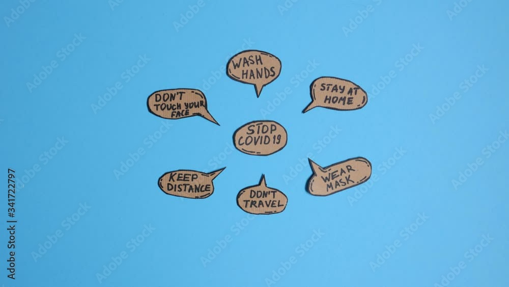 Stop COVID 19 cartoon speech bubbles on the blue background: wash hands ...