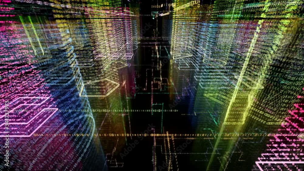Abstract virtual city inside a computer system. Hologram 3D Big Data ...