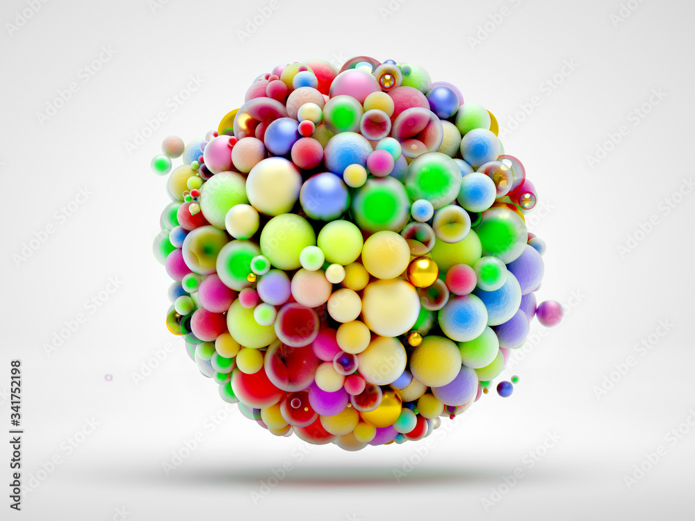3d render of abstract art of a 3d ball based on small color candy balls ...